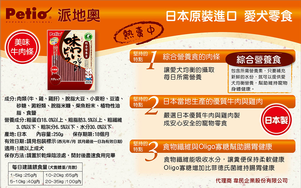 【Petio 派地奧】美味牛肉條-長(250g) - 全聯全電商